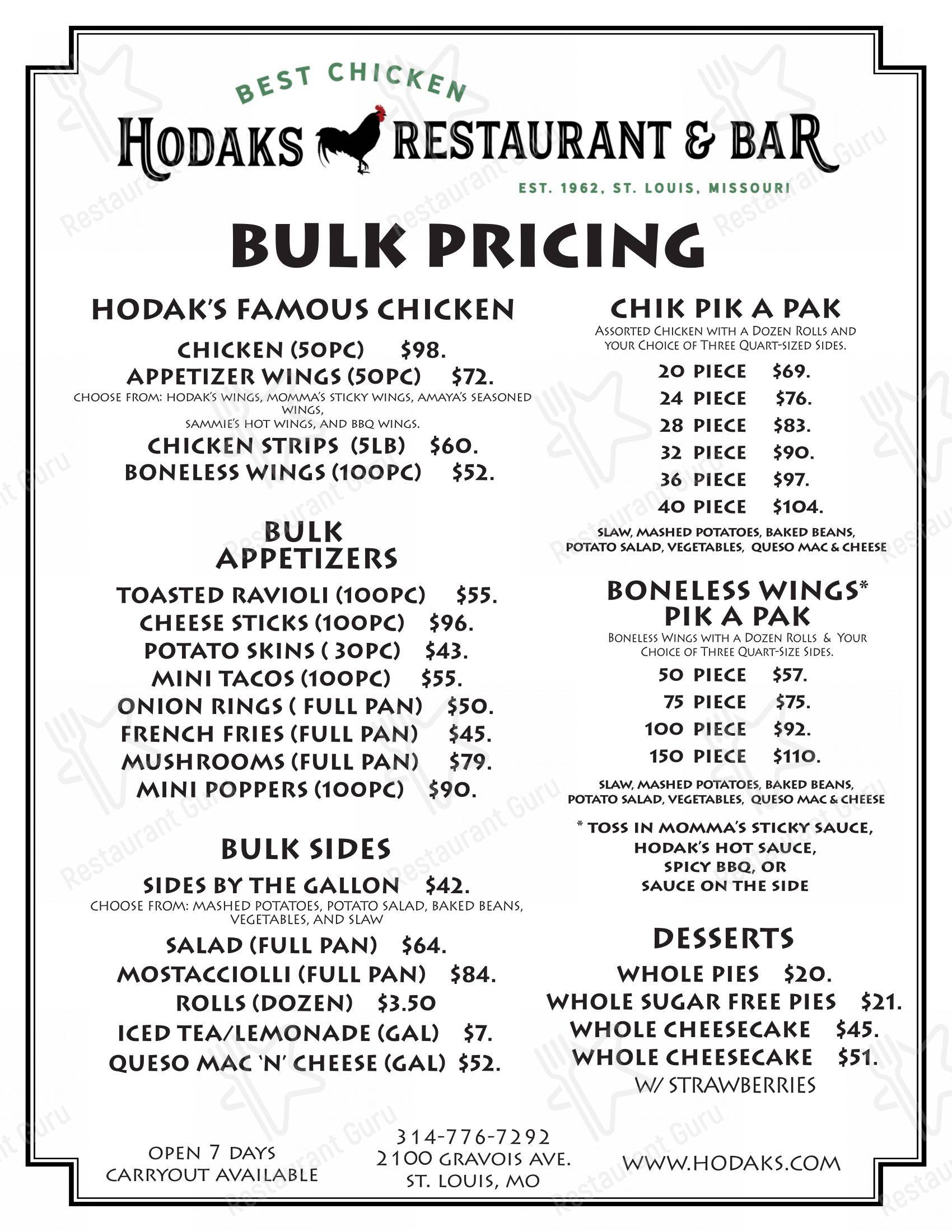 Menu at Hodak's Restaurant & Bar, St. Louis