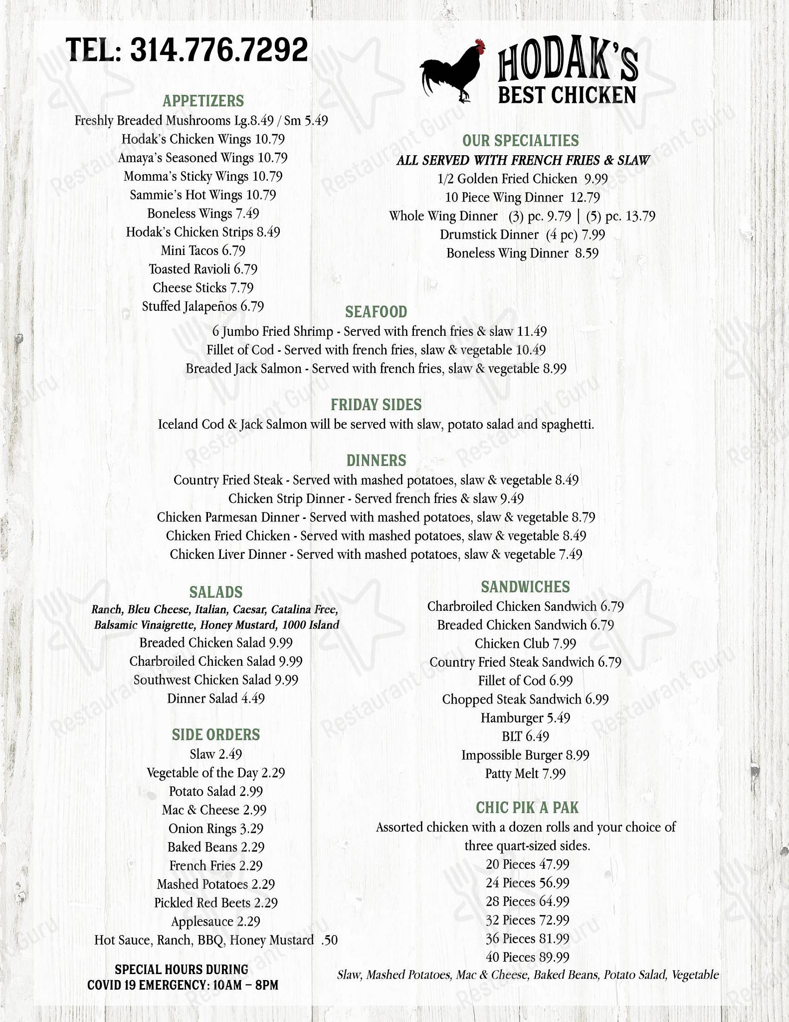Menu at Hodak's Restaurant & Bar, St. Louis