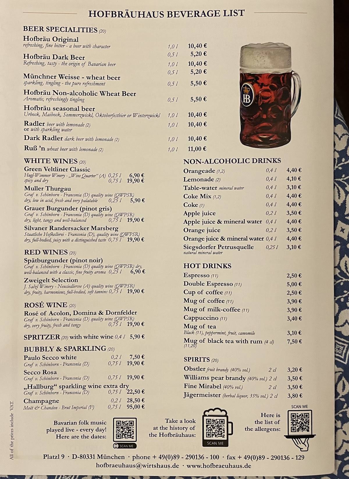 Menu at Hofbräuhaus München restaurant, Munich, Platzl 9