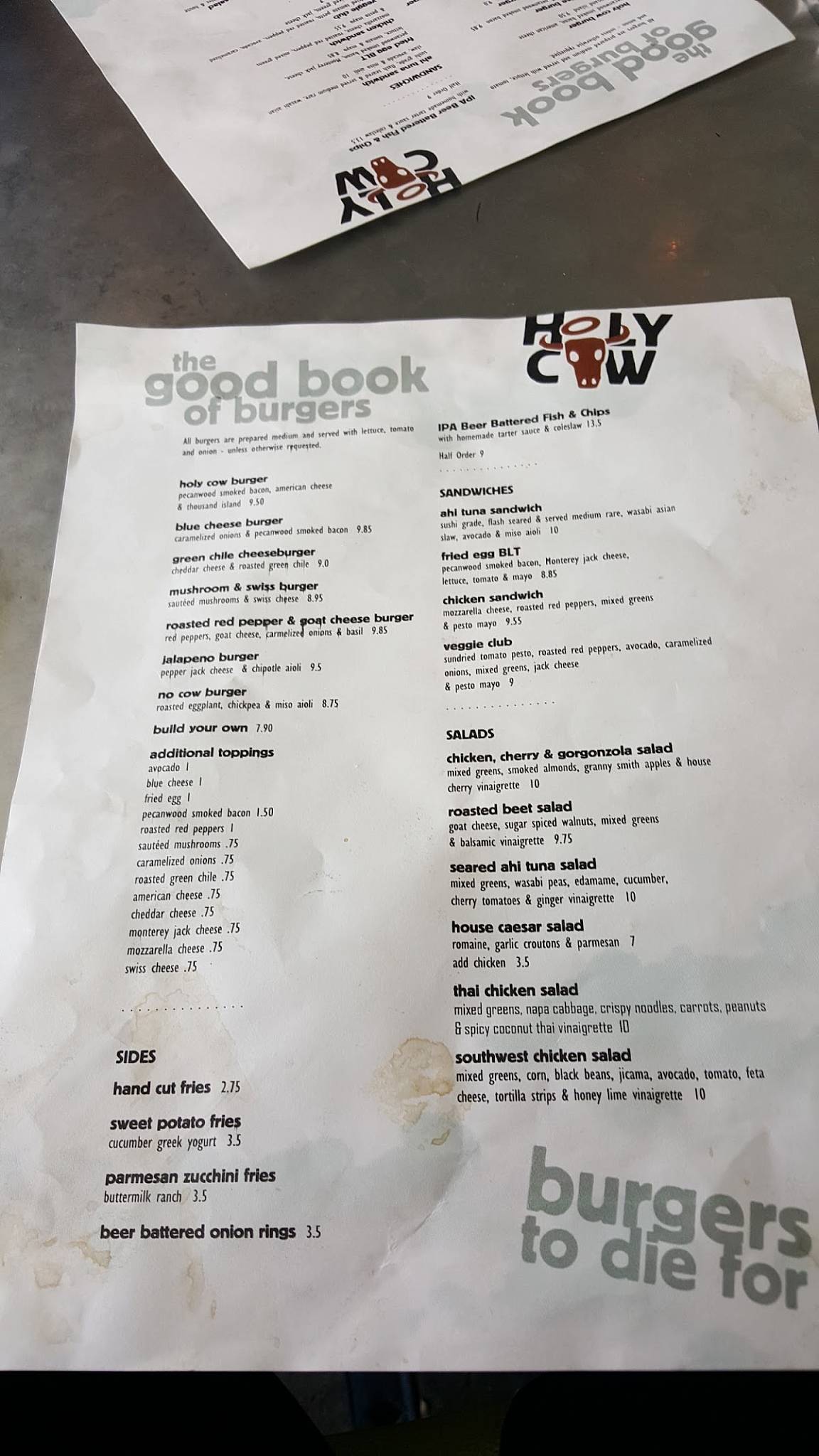 Menu at Holy Cow Burger pub & bar, Albuquerque