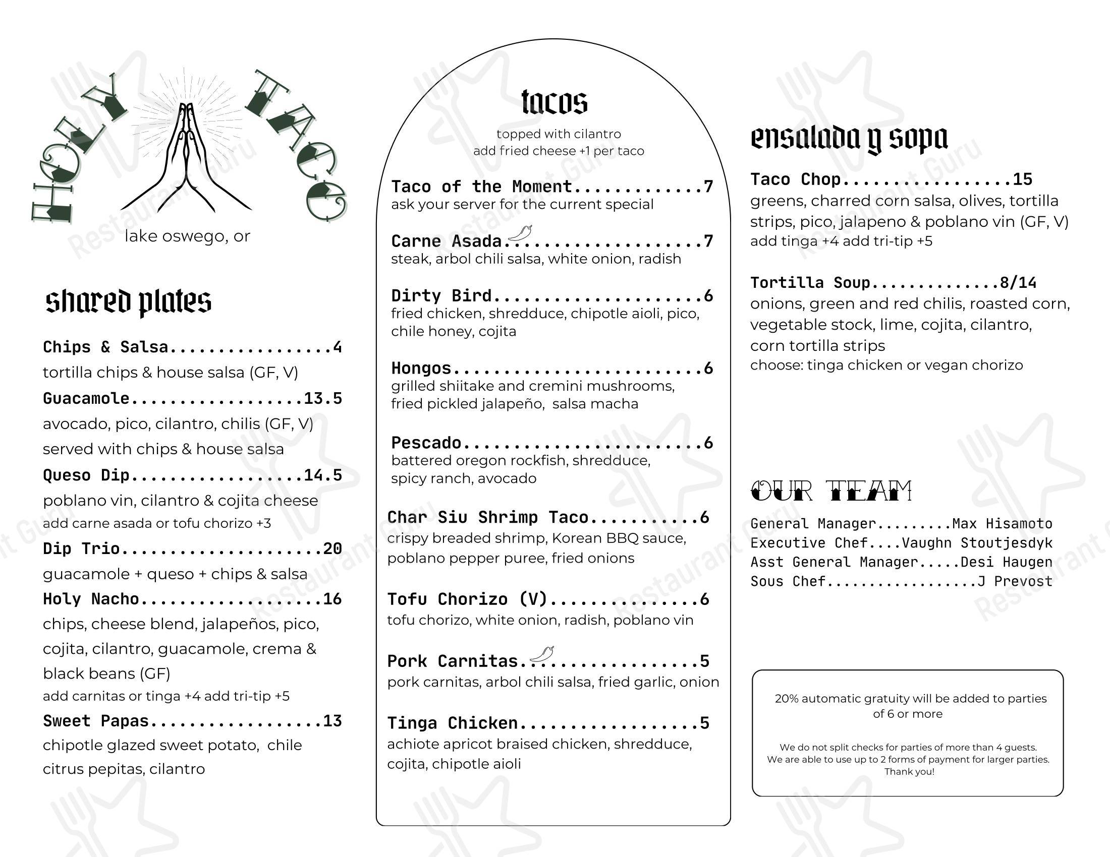Menu at Holy Taco pub & bar, Lake Oswego