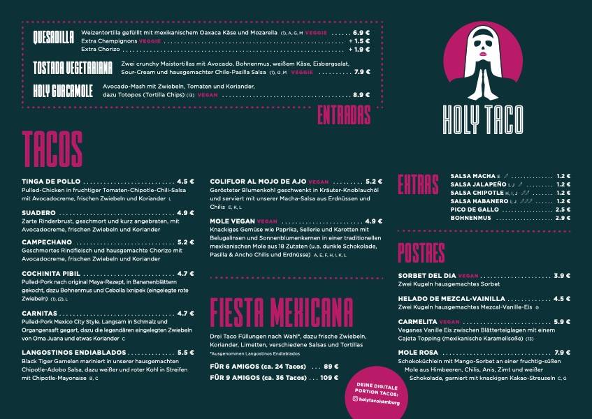 Menu at Holy Taco restaurant, Hamburg