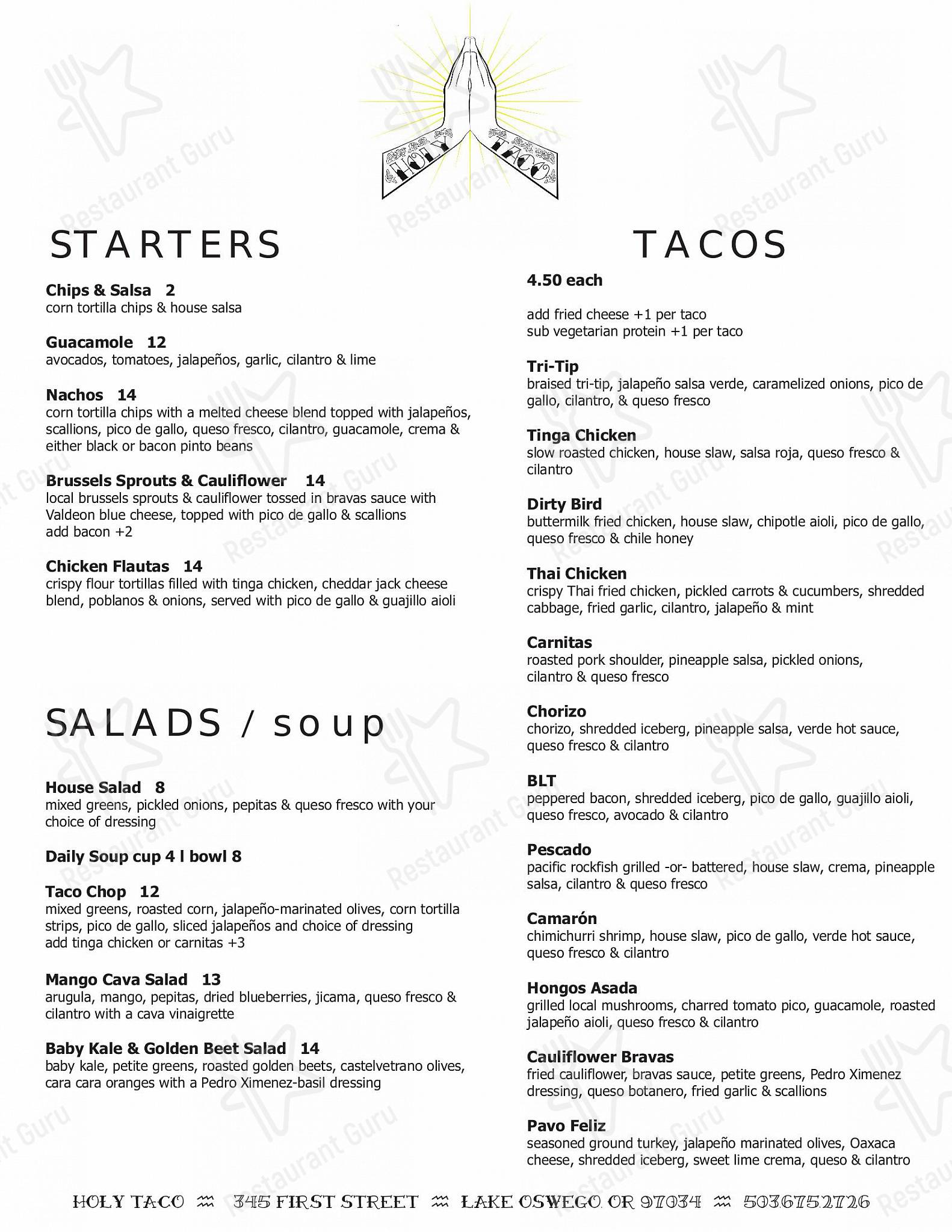 Menu at Holy Taco pub & bar, Lake Oswego