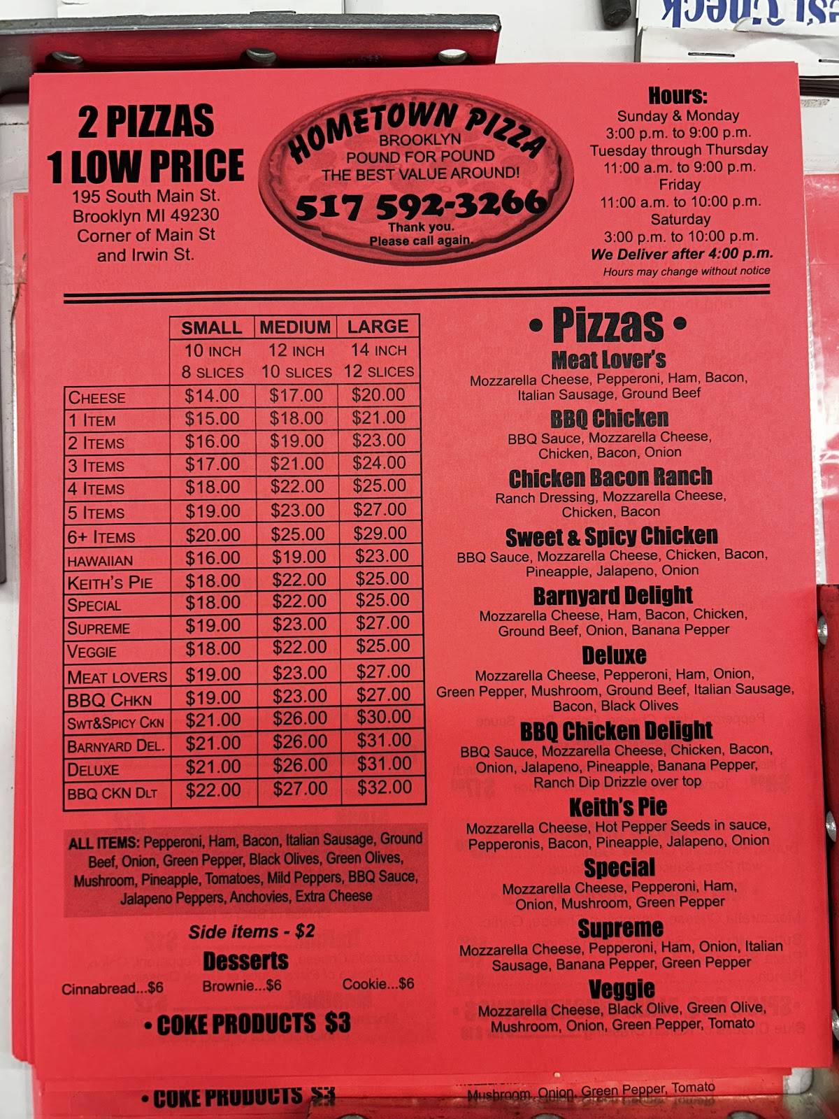 Menu at Hometown Pizza pizzeria, Brooklyn