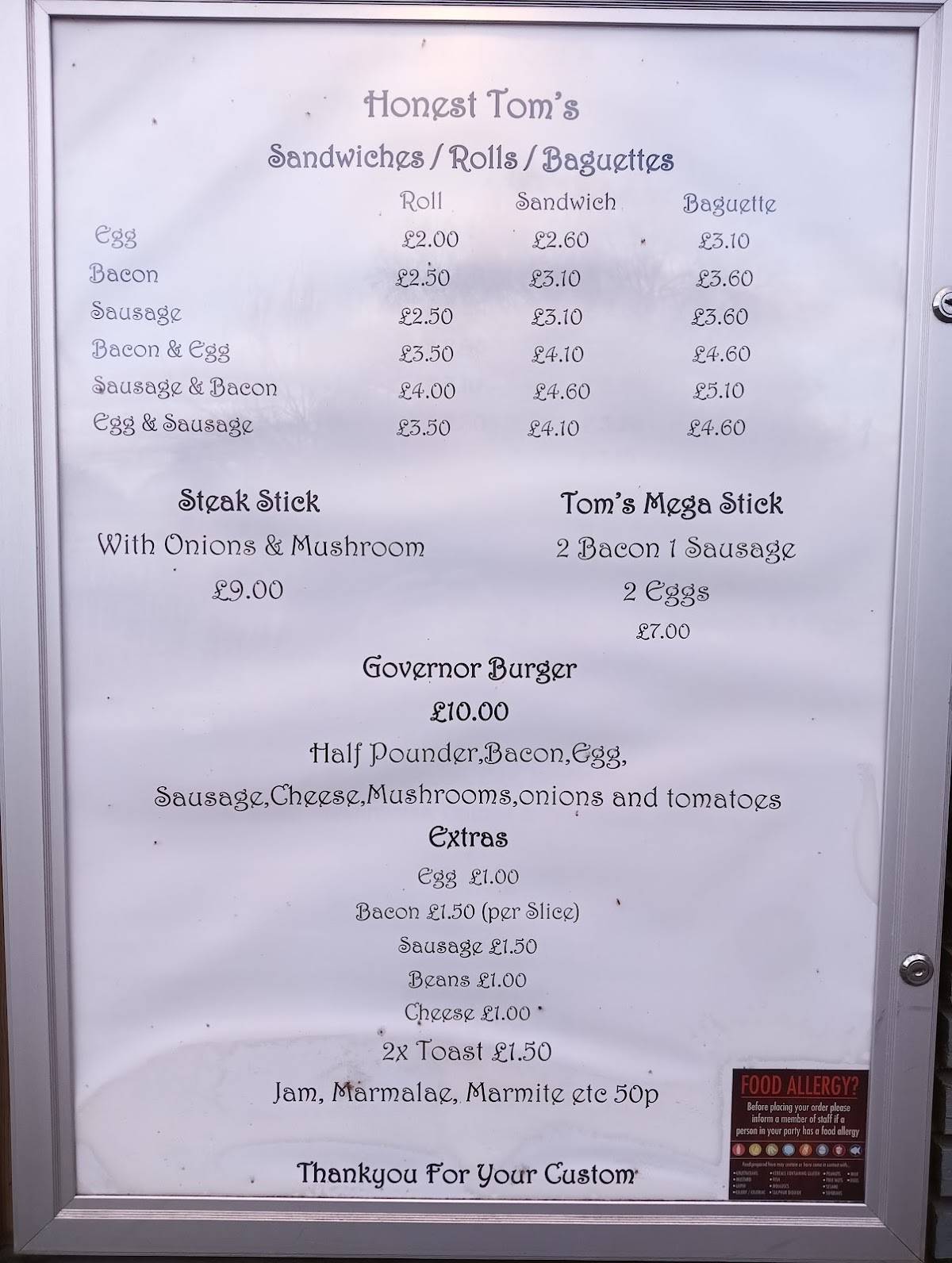Menu at Honest Tom's Snack Bar, London
