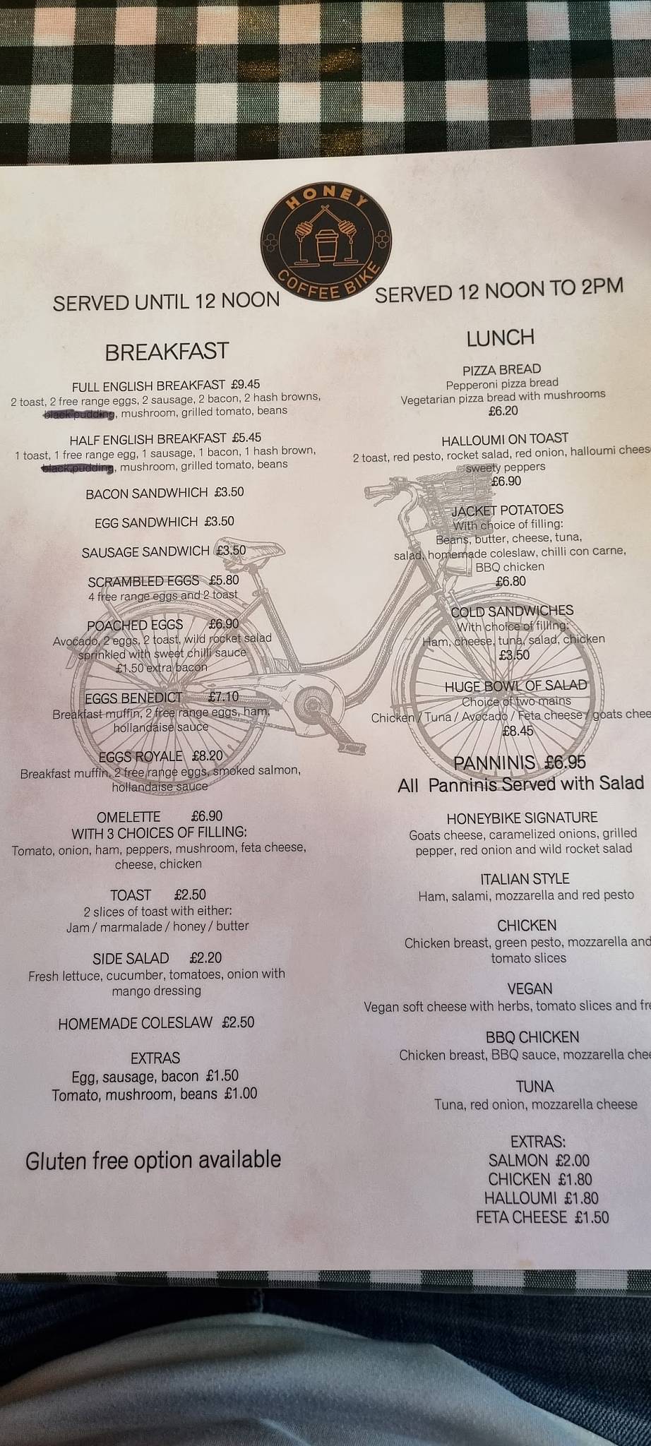 Menu at Honey Coffee Bike cafe, Leeds