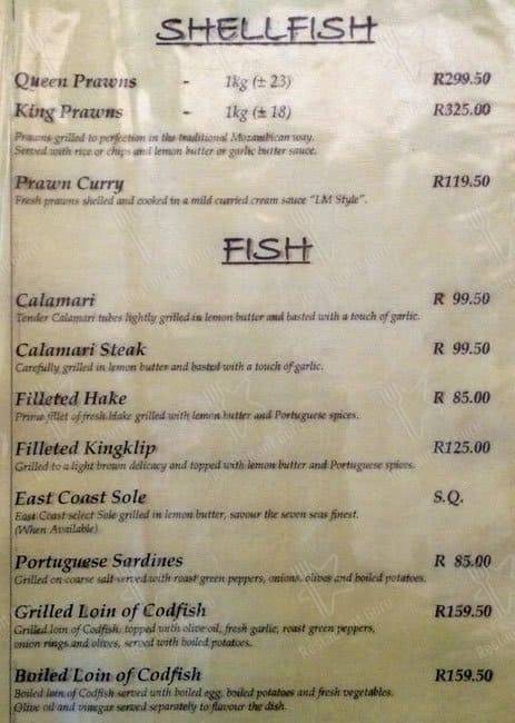 Menu at Honey Rock Motel restaurant, Roodepoort