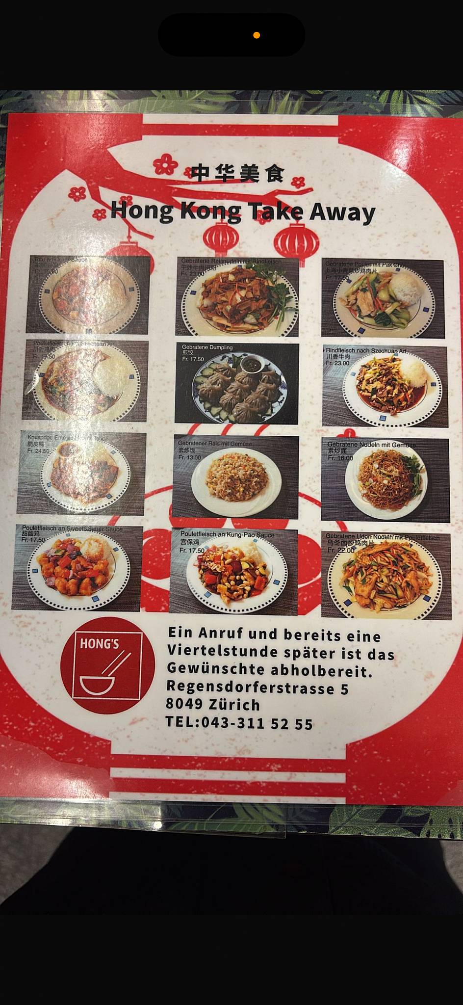 Menu at Hong Kong Take Away, Zürich, Regensdorferstrasse 5
