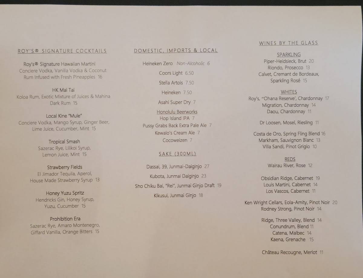 Menu at The Original Roy's in Hawaii Kai restaurant, Honolulu
