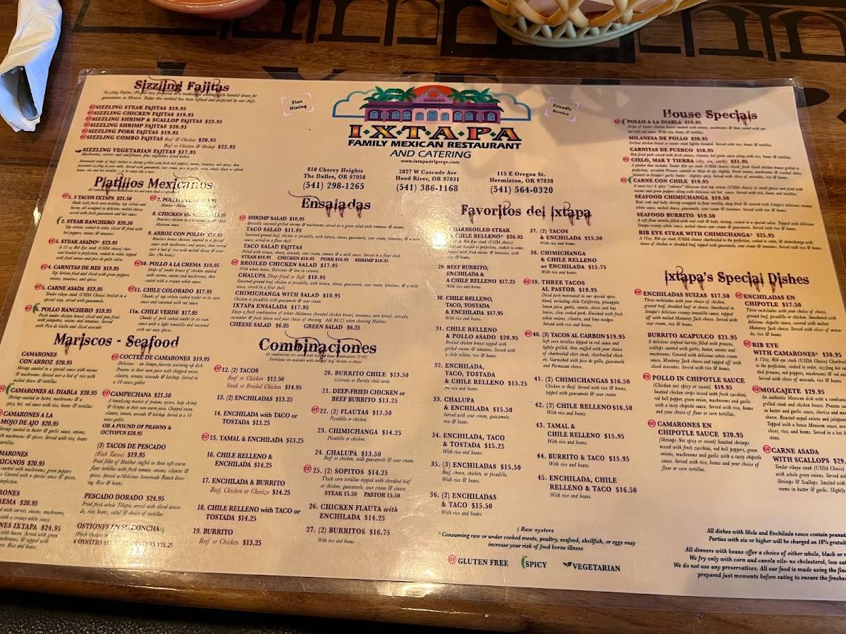 Menu at Ixtapa Mexican Restaurant, Hood River