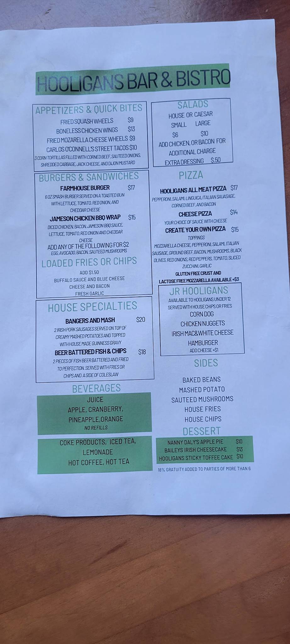 Menu at Hooligans Bar and Bistro, Yuba City