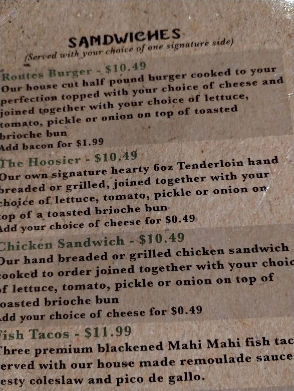 Menu at Hoosier Routes - SMALL TOWN, HOMETOWN restaurant, Summitville