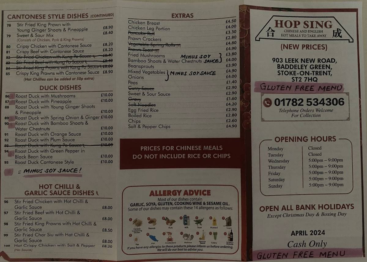 Menu at Hop Sing fast food, Stoke-on-Trent