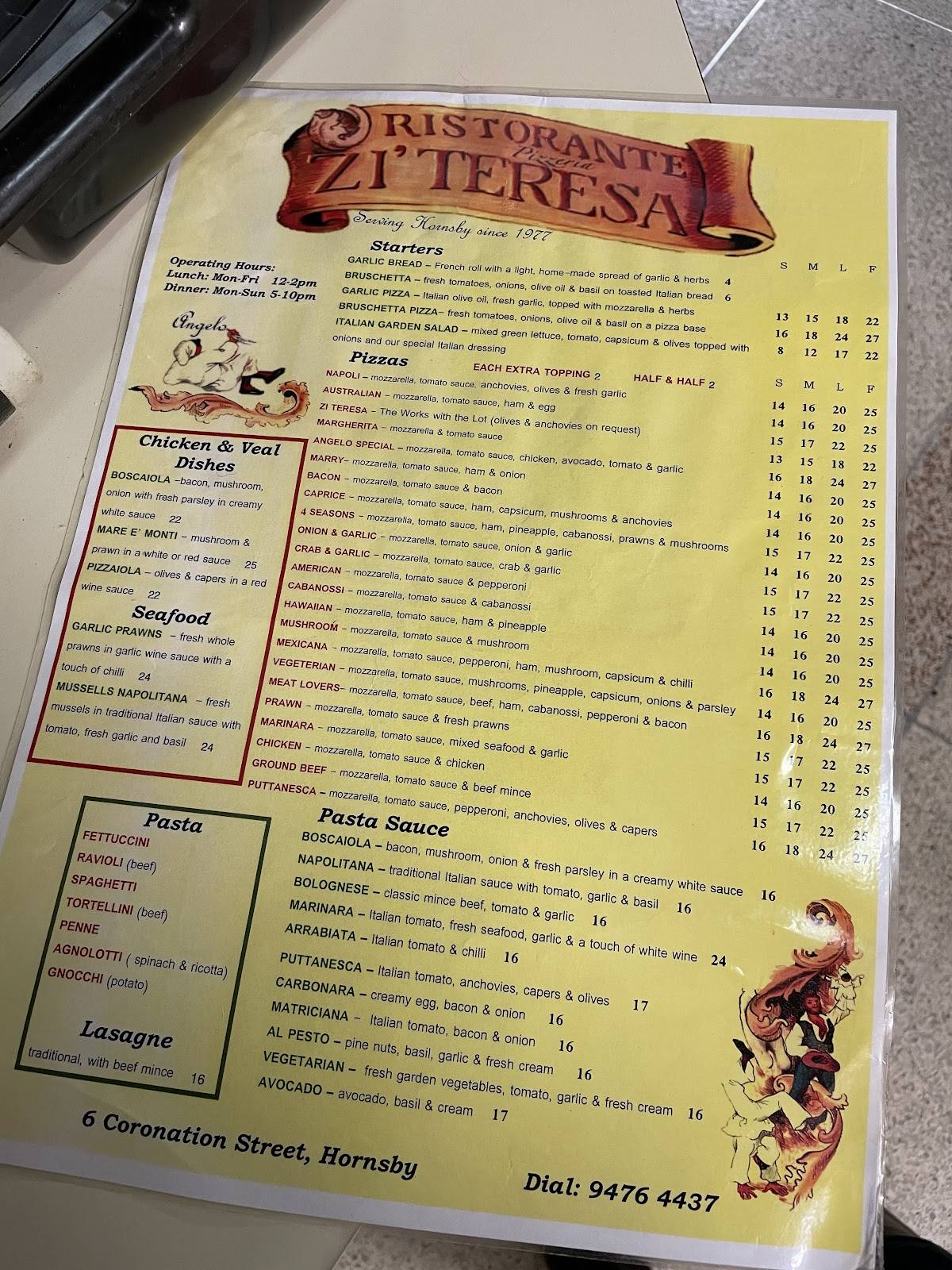 Menu at Zi Teresa pizzeria, Hornsby