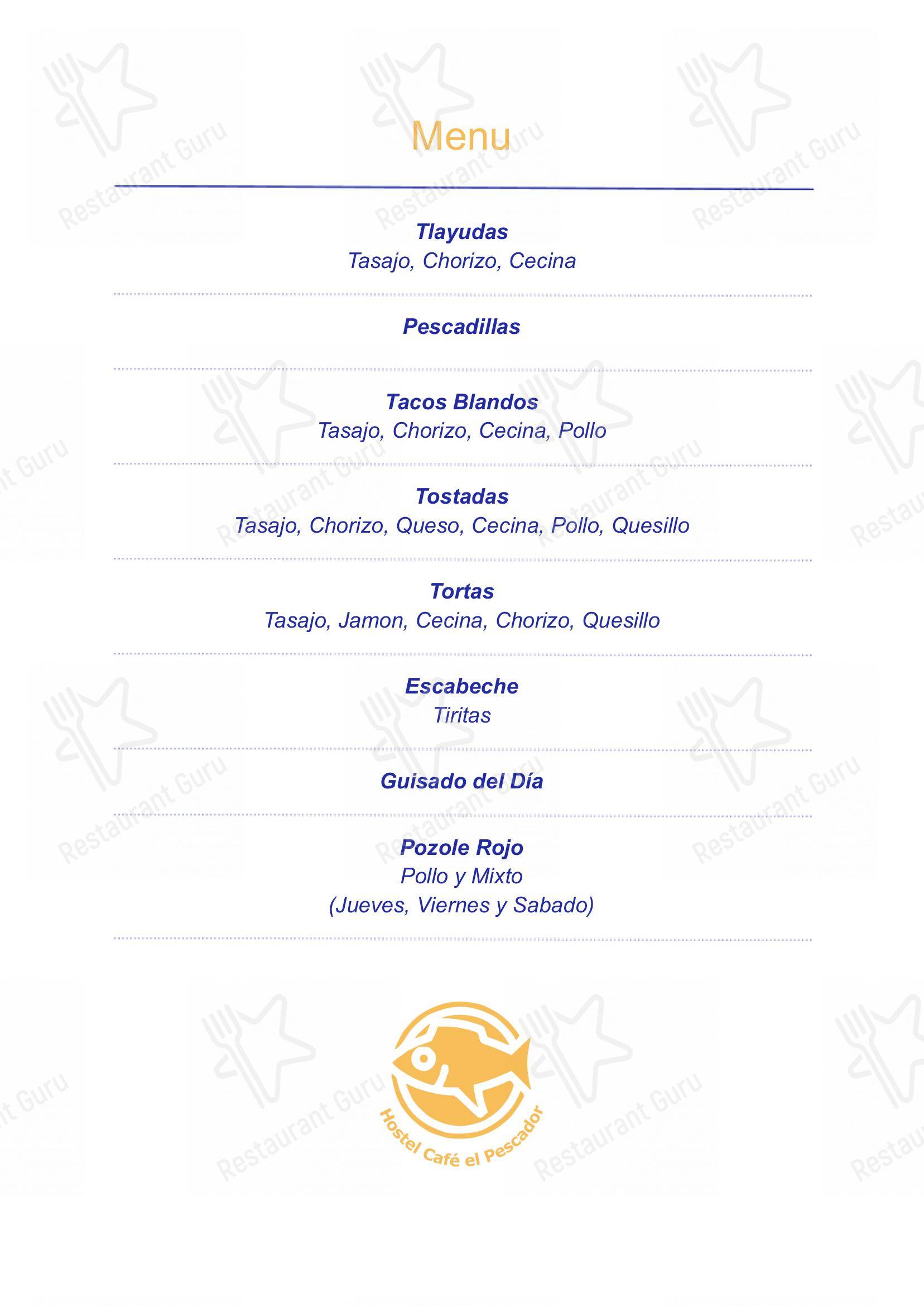 Menu at Hostel Café el Pescador, Puerto Escondido