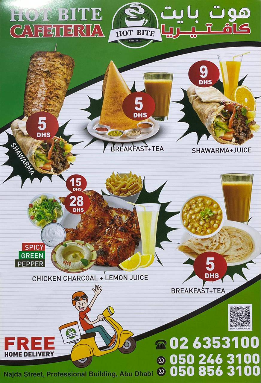 Menu at Hot Bite Cafeteria, Abu Dhabi