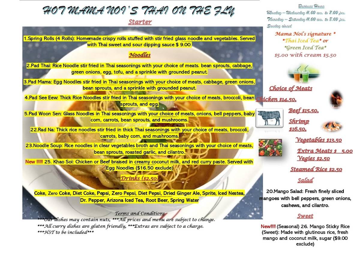 Menu at Hot Mama Noi's Thai On The Fly restaurant, Pickering