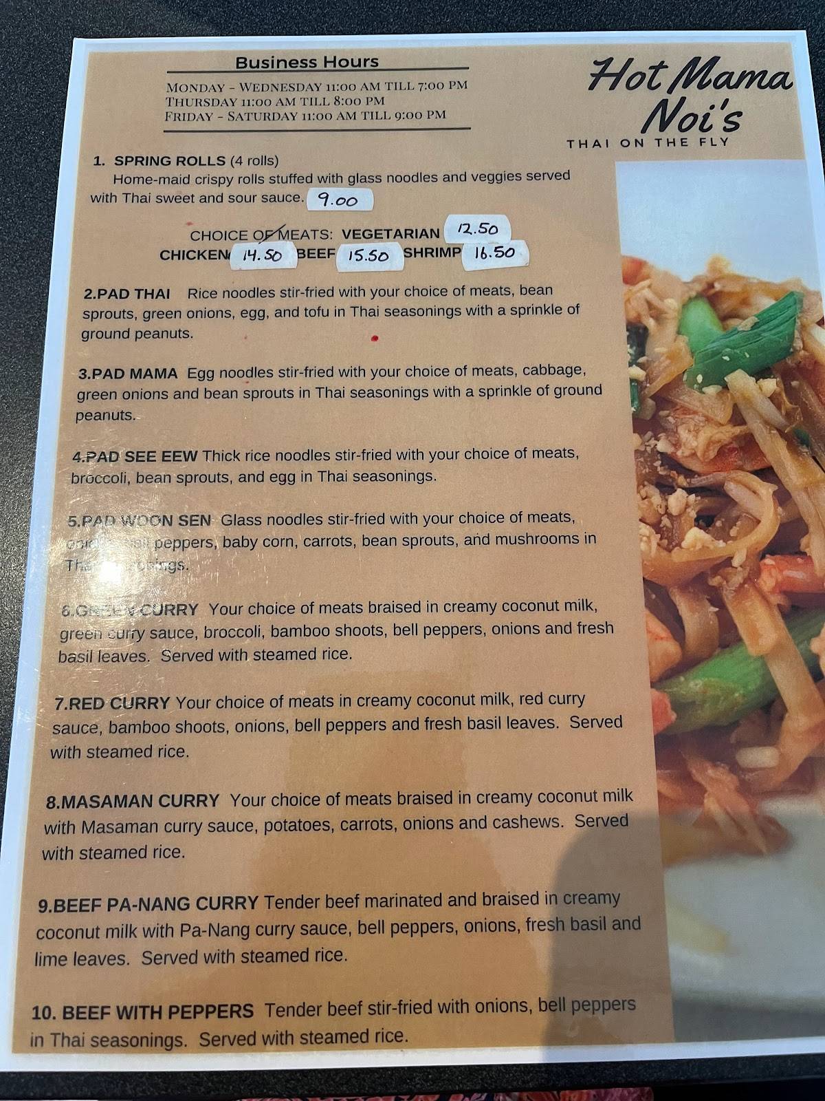 Menu at Hot Mama Noi's Thai On The Fly restaurant, Pickering