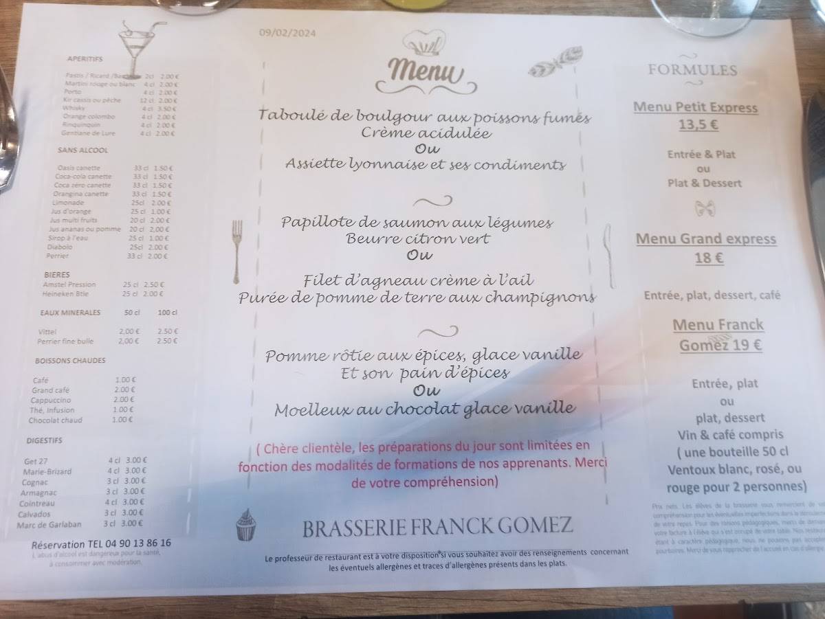 Menu au Hotel Brasserie d'Application du Campus de la CCI de Vaucluse ...