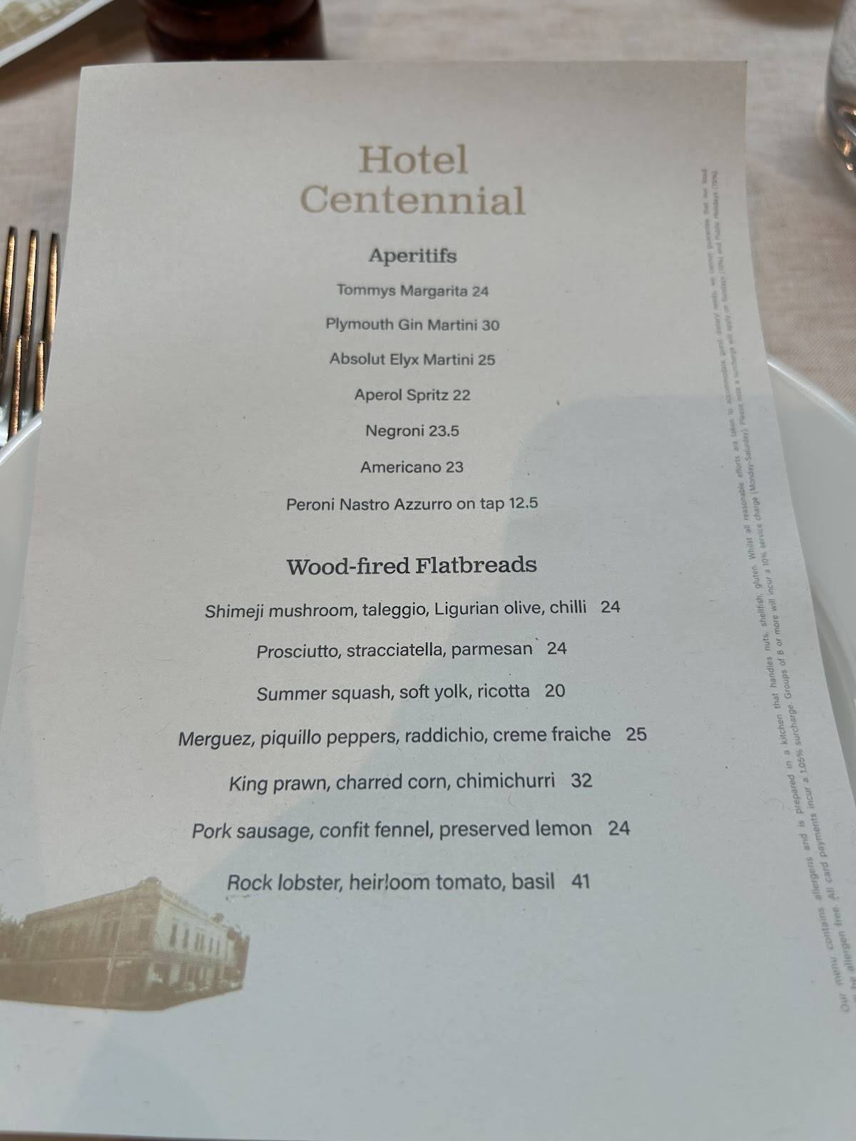 Menu at Hotel Centennial restaurant, Woollahra, Corner of Oxford St