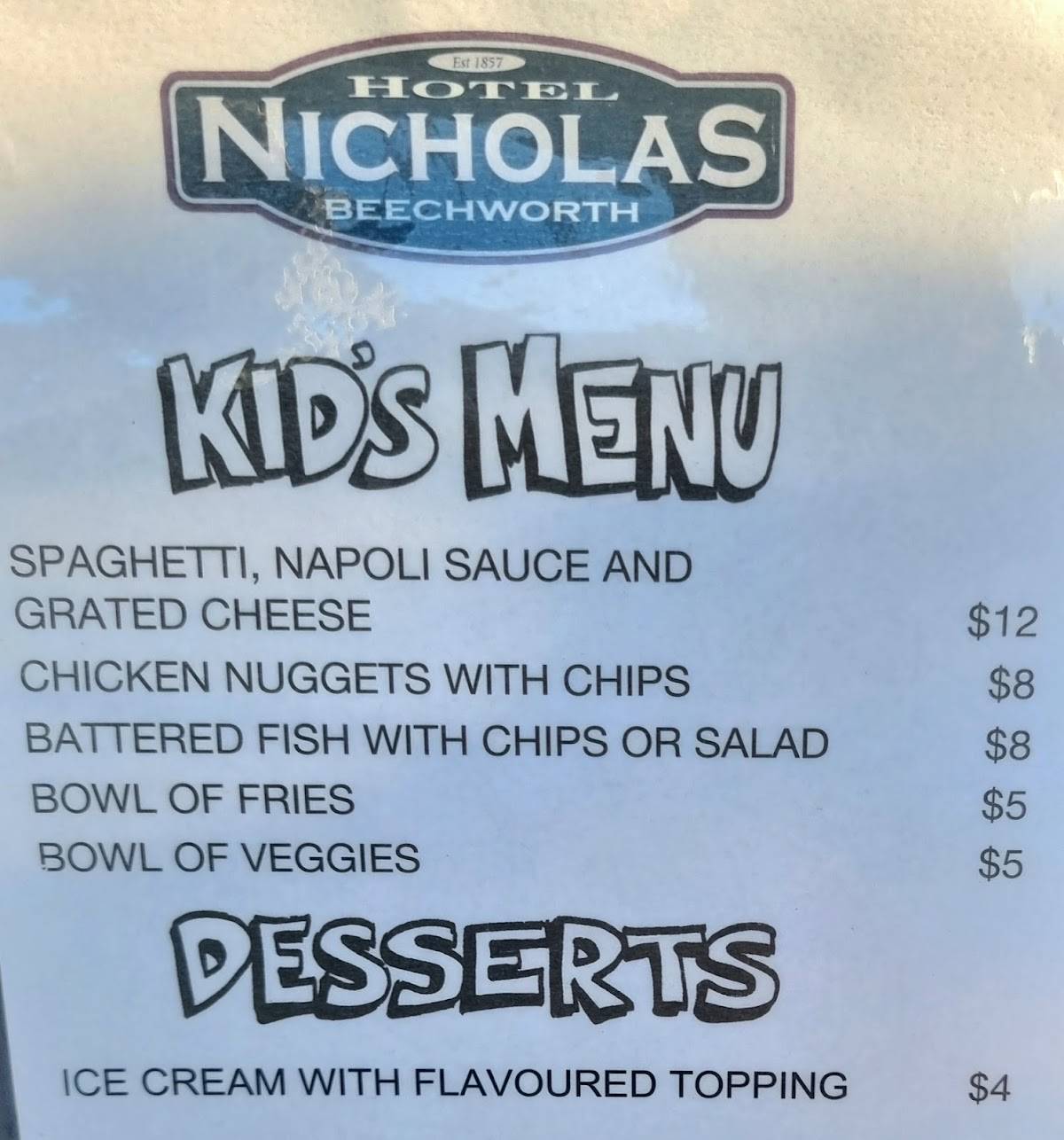 Menu at Hotel Nicholas restaurant, Beechworth