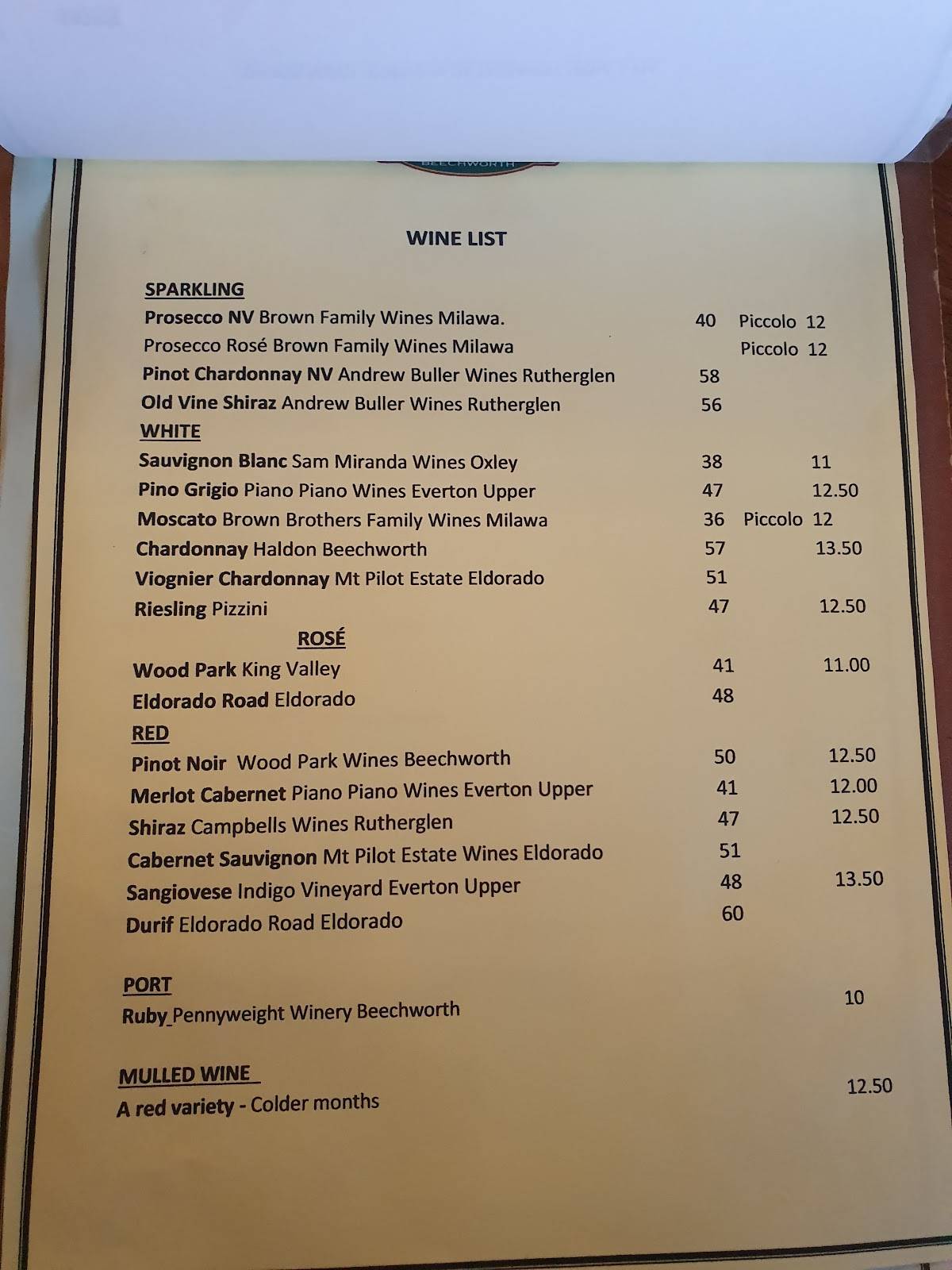 Menu at Hotel Nicholas restaurant, Beechworth
