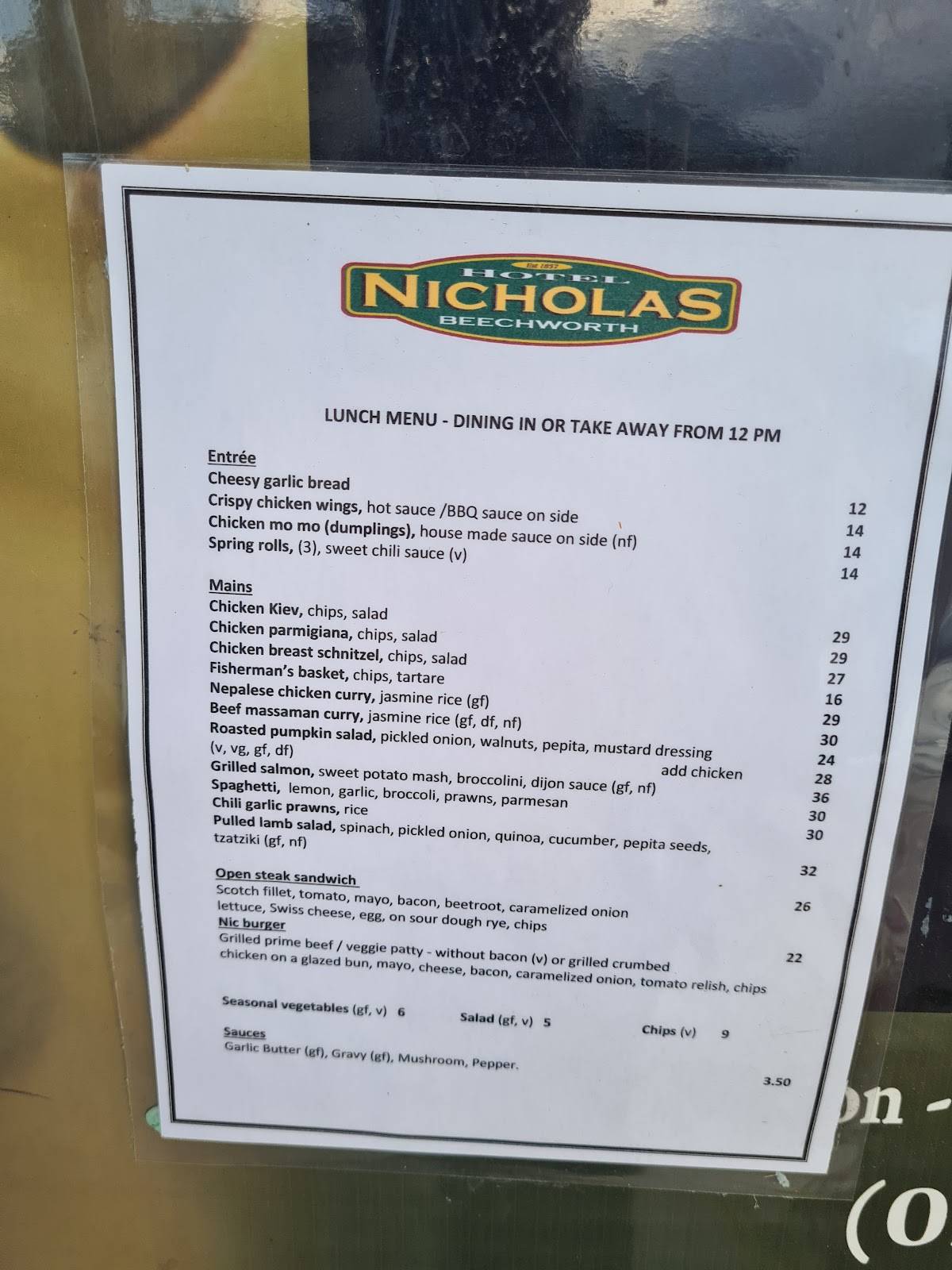 Menu at Hotel Nicholas restaurant, Beechworth