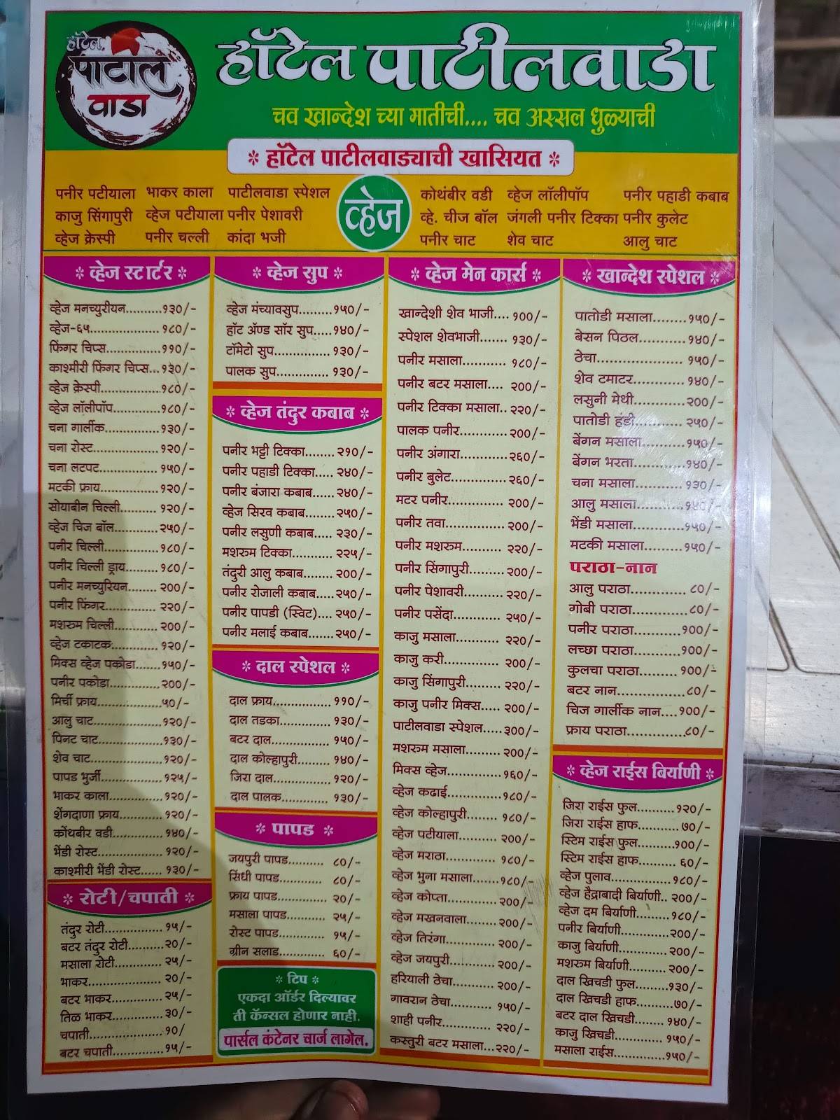 Menu at Hotel Patil Wada, Dhule