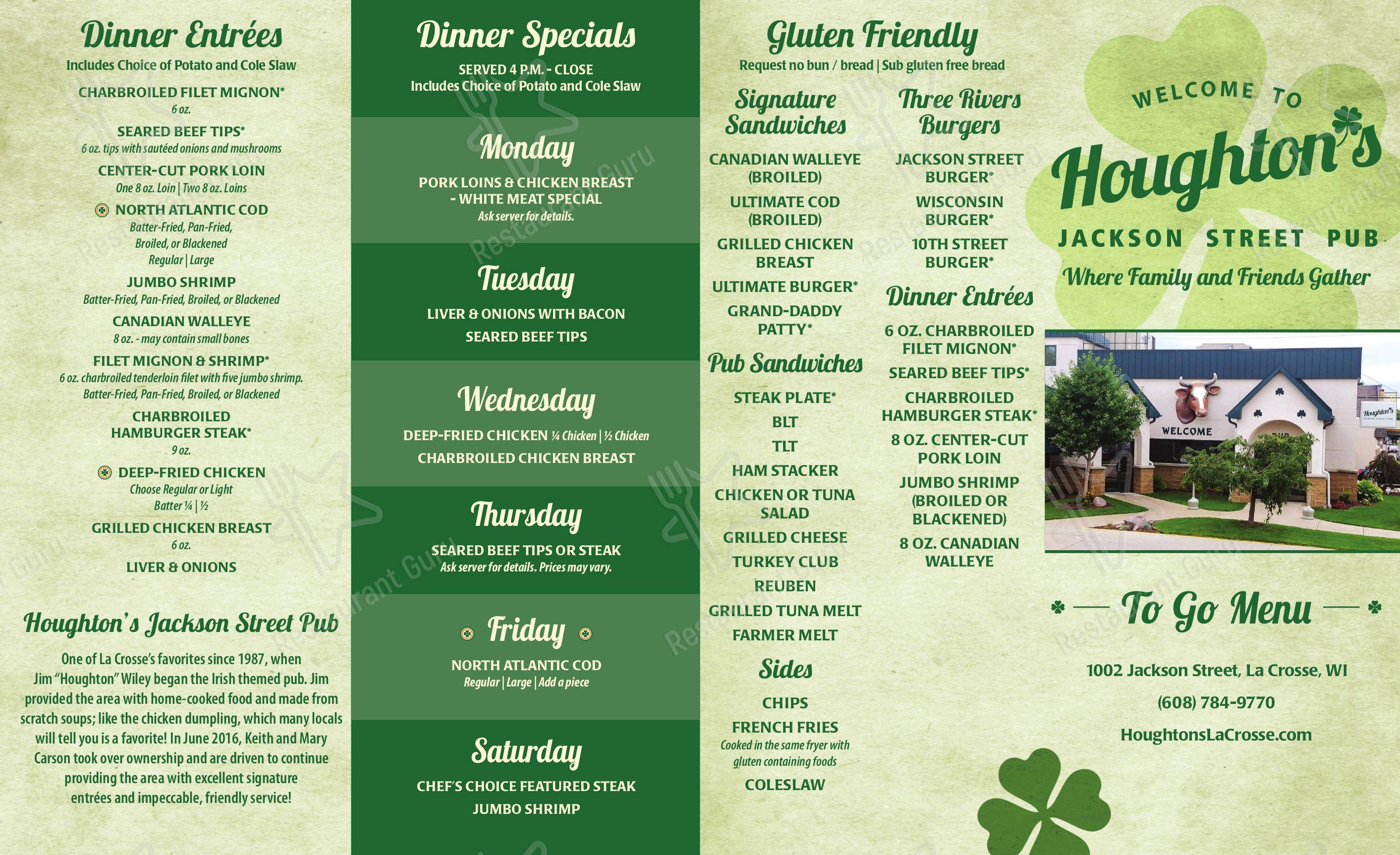 Menu at Houghton's Jackson Street Pub, La Crosse