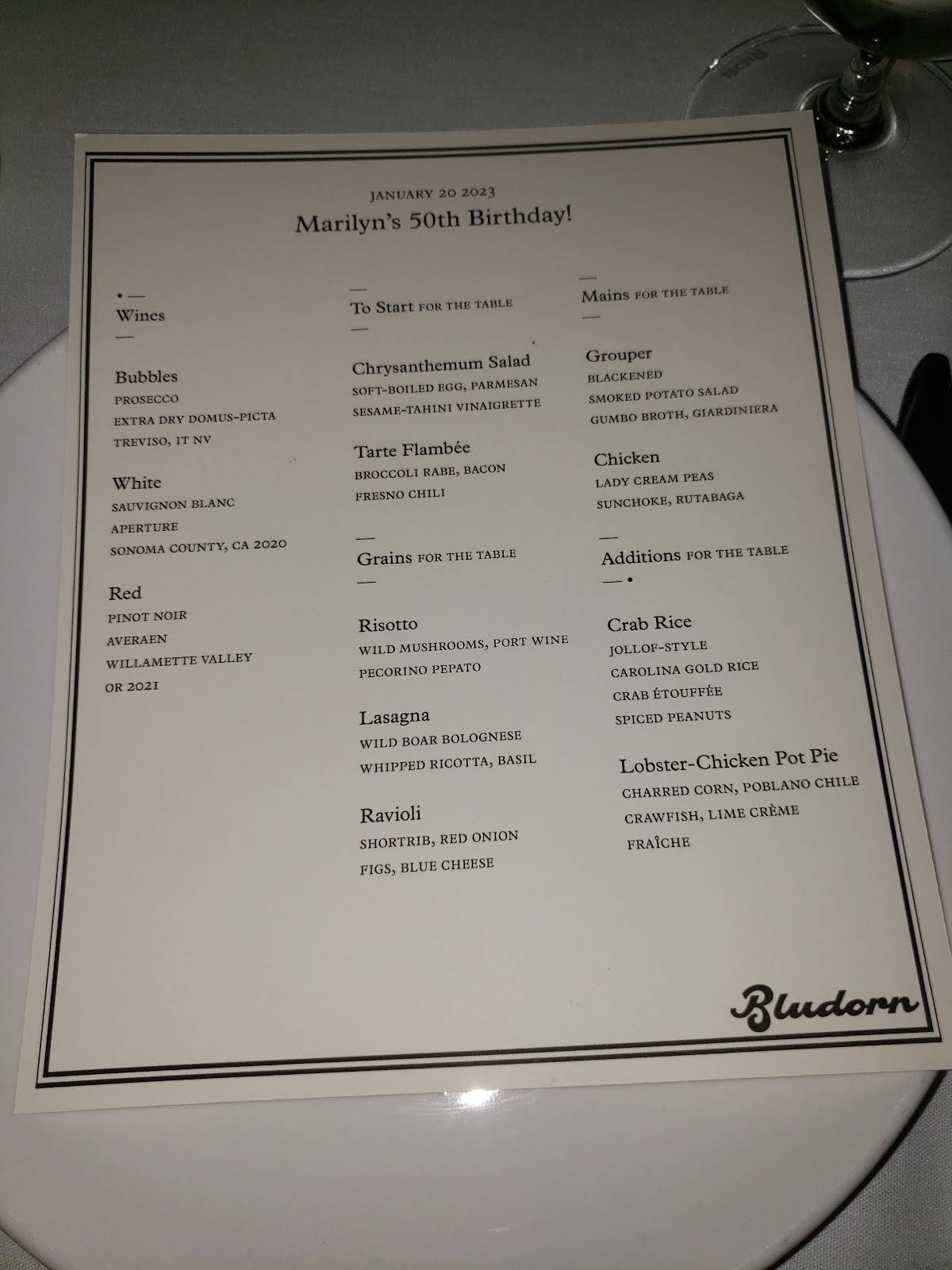 Menu at Bludorn restaurant, Houston
