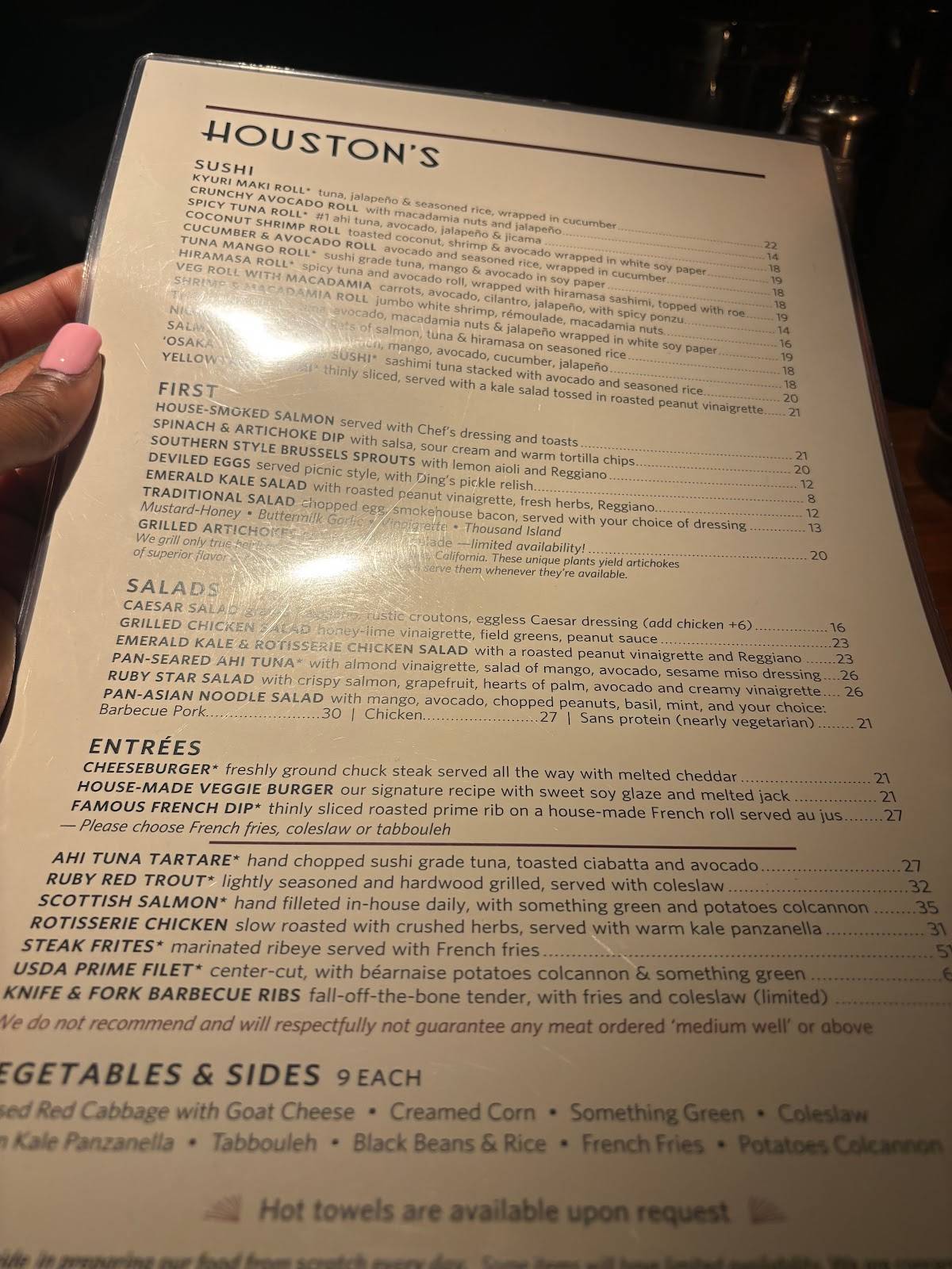 Menu at Houston's steakhouse, Atlanta, Peachtree Rd