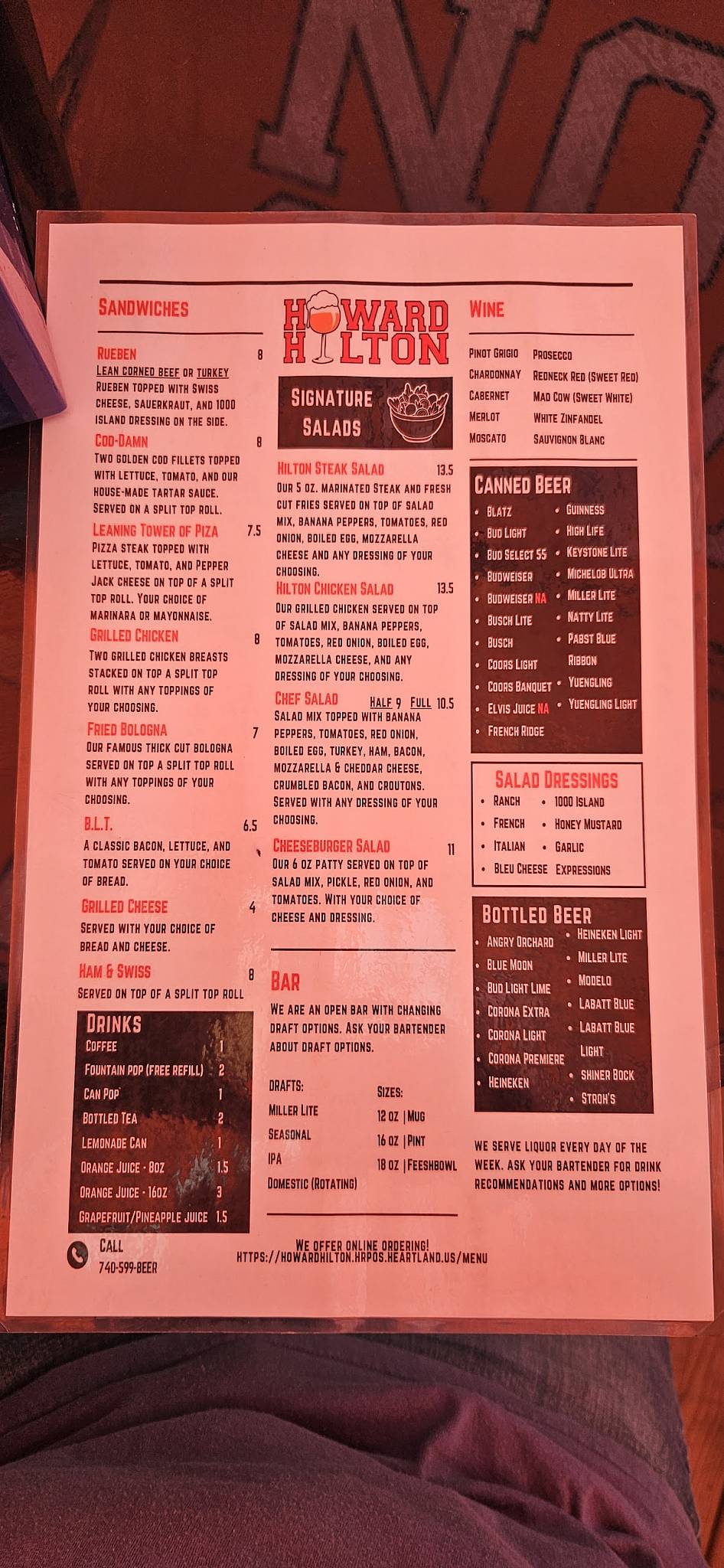 Menu at Howard Hilton pub & bar, Howard