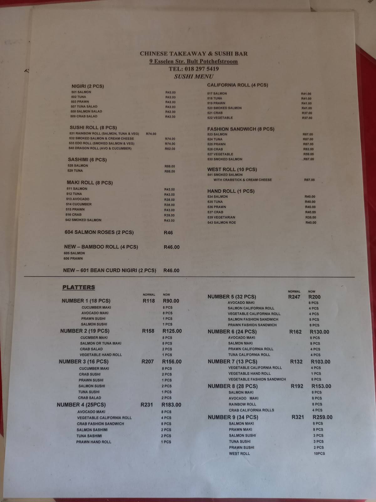 Menu at Huamin Chinese Take-Away & Sushi Bar, Potchefstroom, Shop No. 10