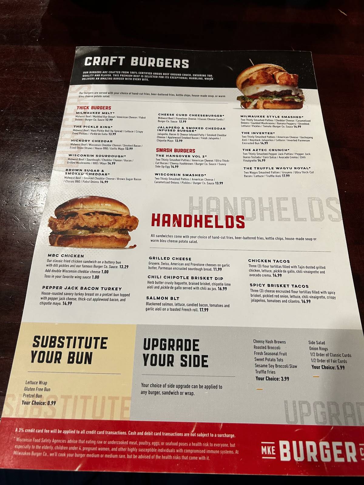 Menu at Milwaukee Burger Company restaurant, Hudson