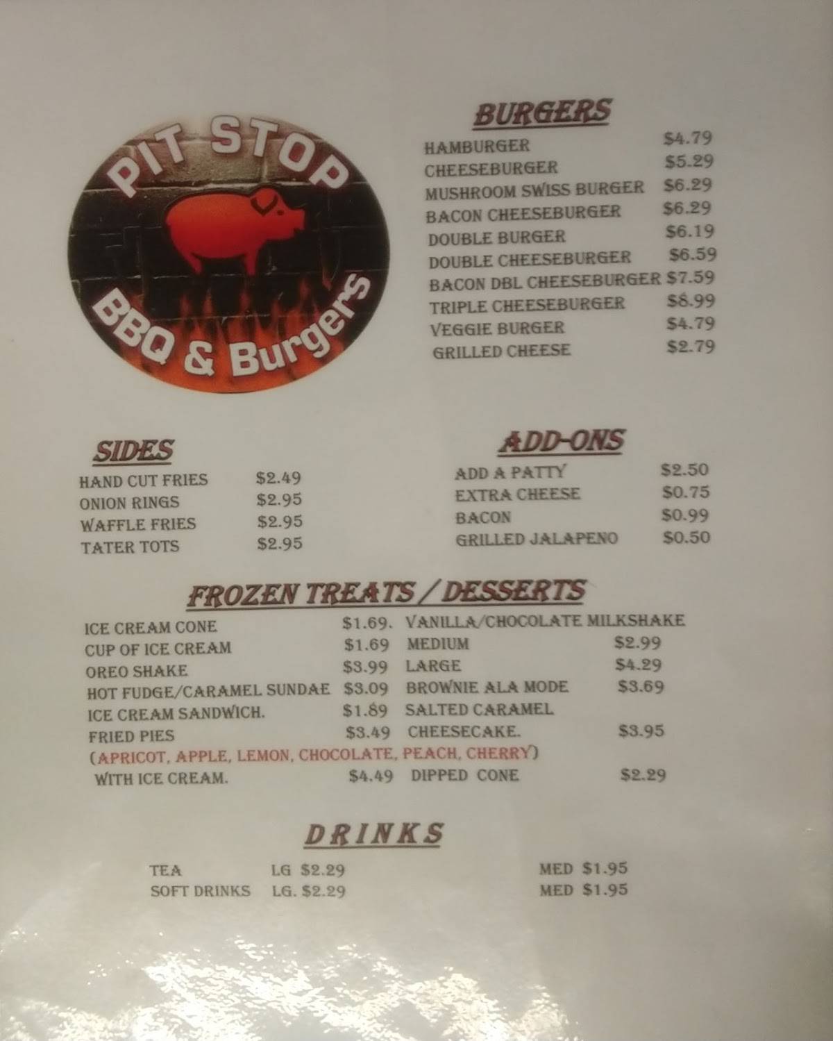 Menu at Pit Stop BBQ, Hugo