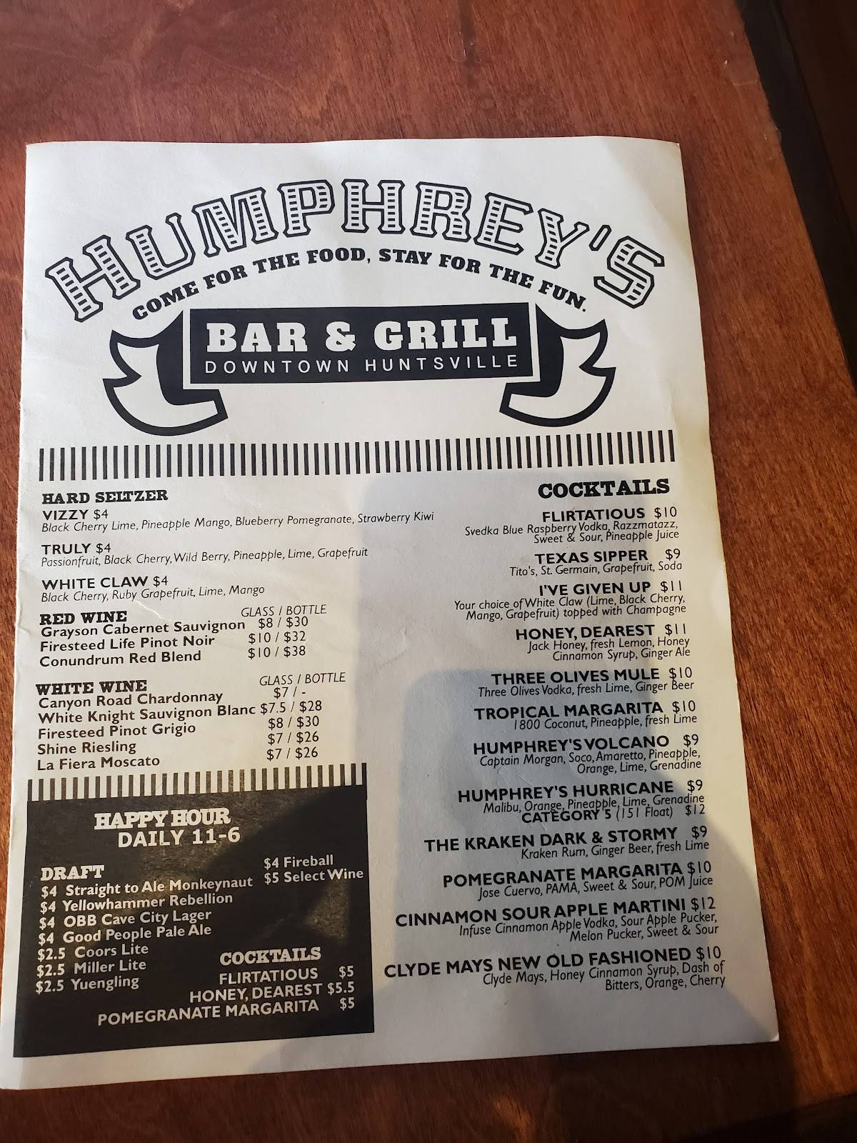 Menu at Humphrey's Bar and Grill, Huntsville