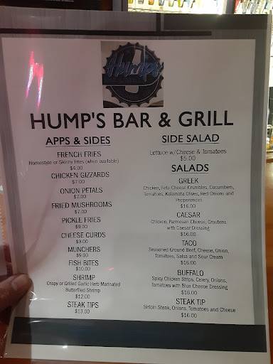Menu at Humps bar, Milnor