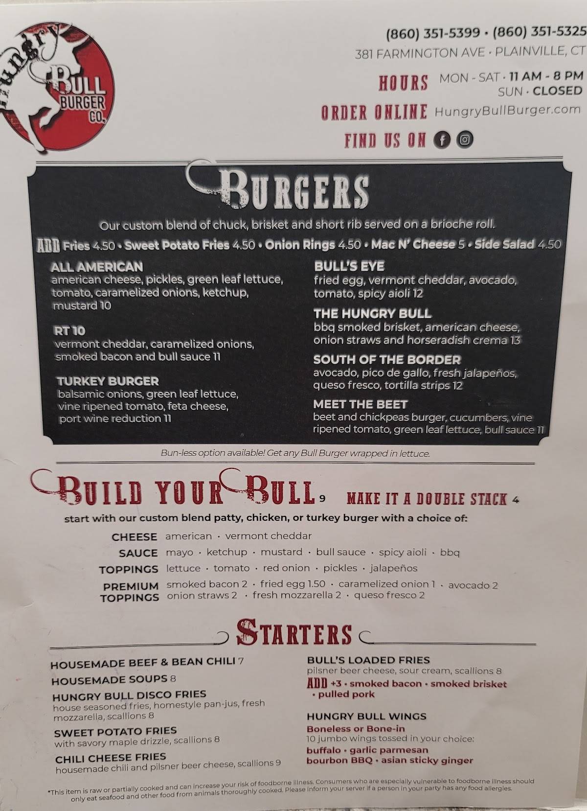 Carta del restaurante Hungry Bull Burger Co., Plainville