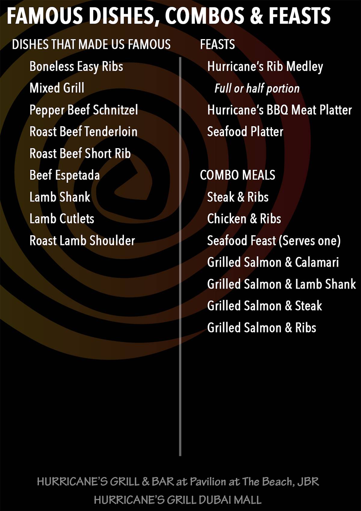 Menu at Hurricane's Grill & Bar at Pavilion at The Beach, JBR, Dubai