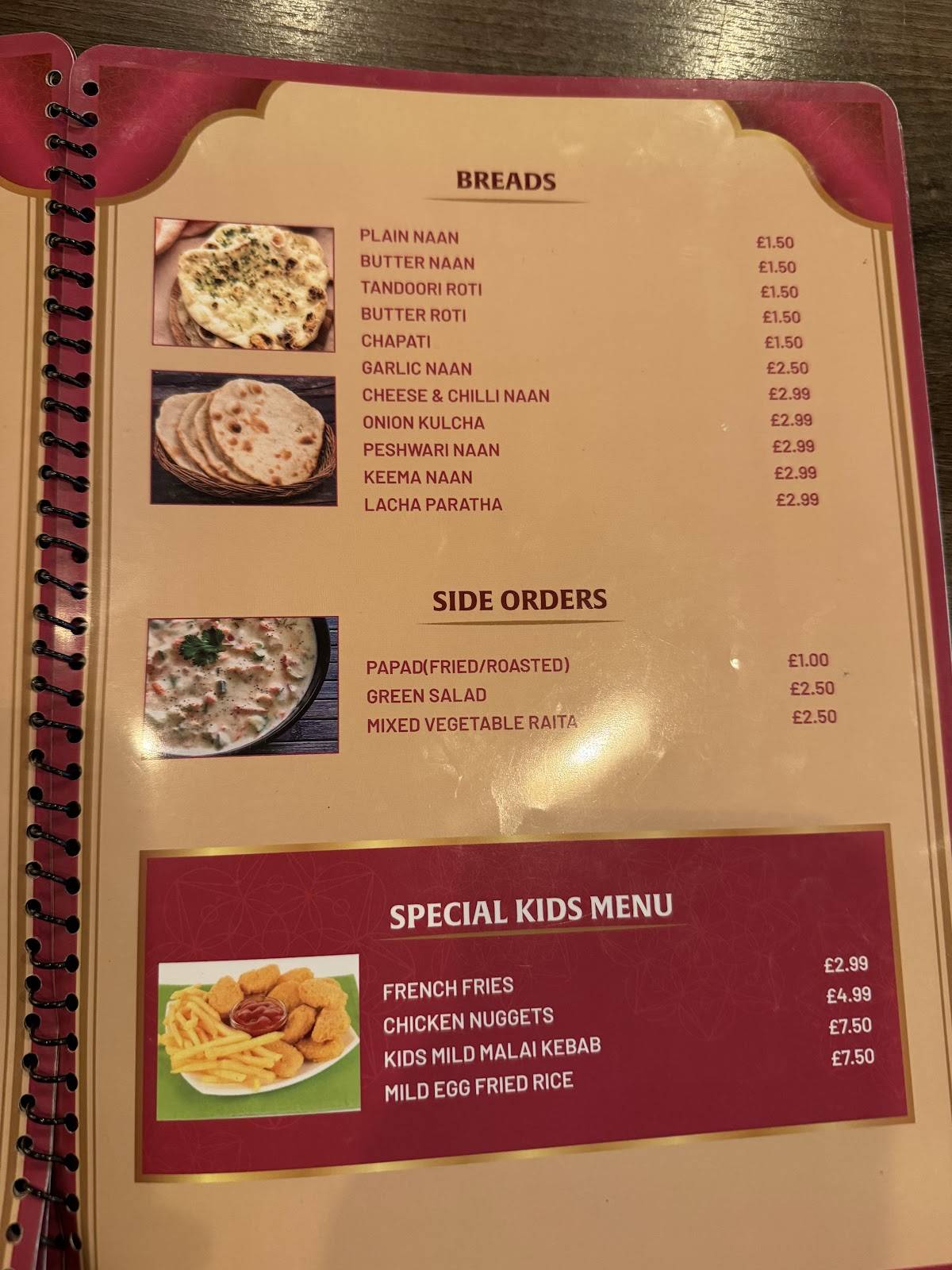 Menu at Hyderabad Darbar, Ilford