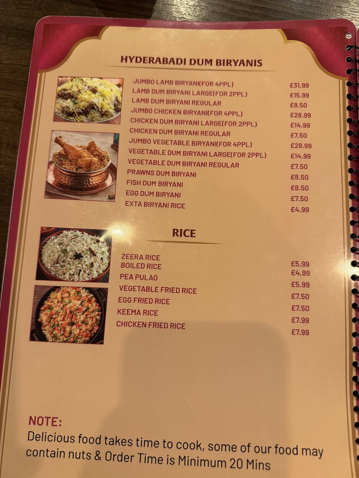 Menu at Hyderabad Darbar, Ilford