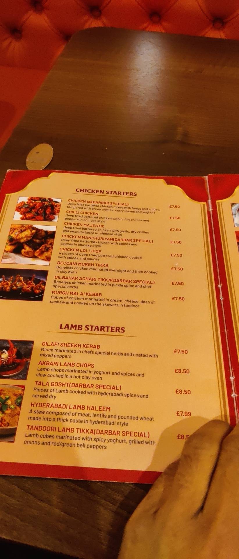 Menu at Hyderabad Darbar, Ilford