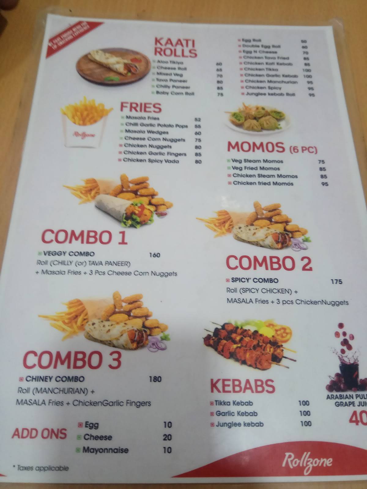 Menu at Roll Zone, Hyderabad, Yashoda Plaza