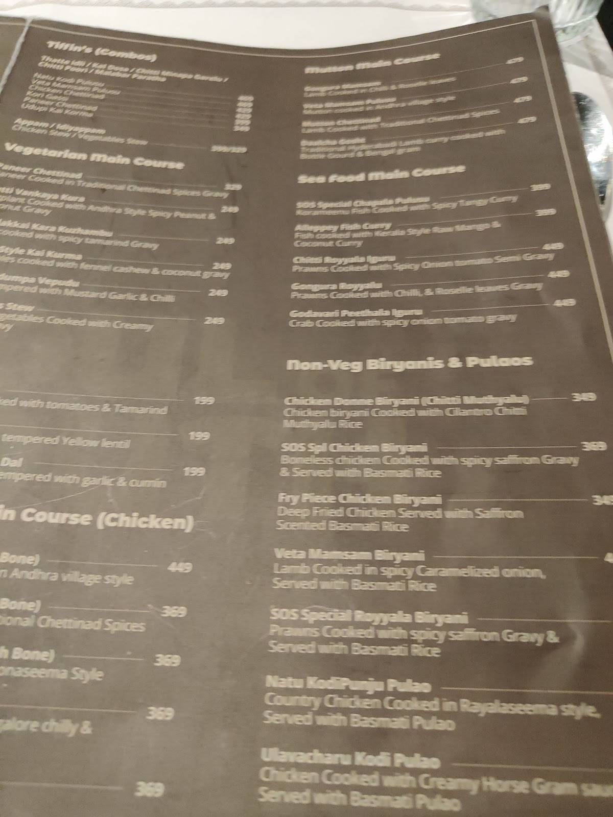 Menu at Soul of South, Hyderabad