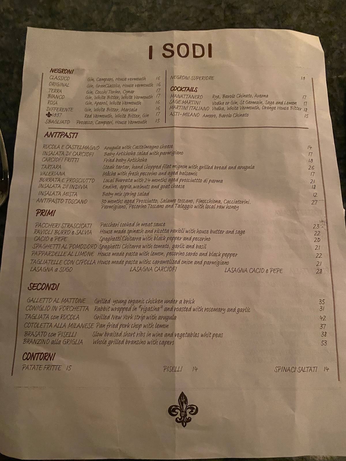 Menu at I Sodi restaurant, New York City, 314 Bleecker St