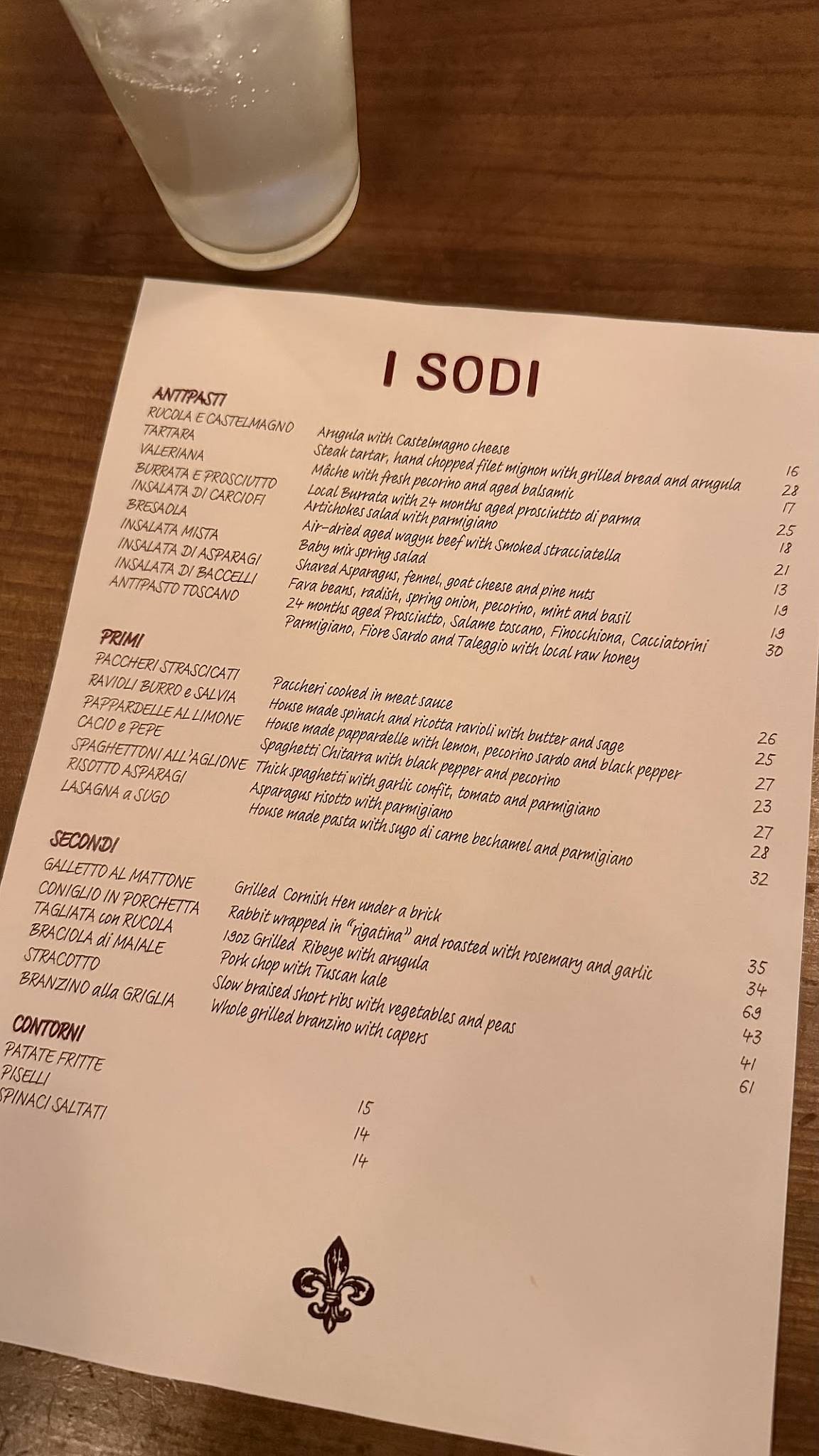 Menu at I Sodi restaurant, New York City, 314 Bleecker St