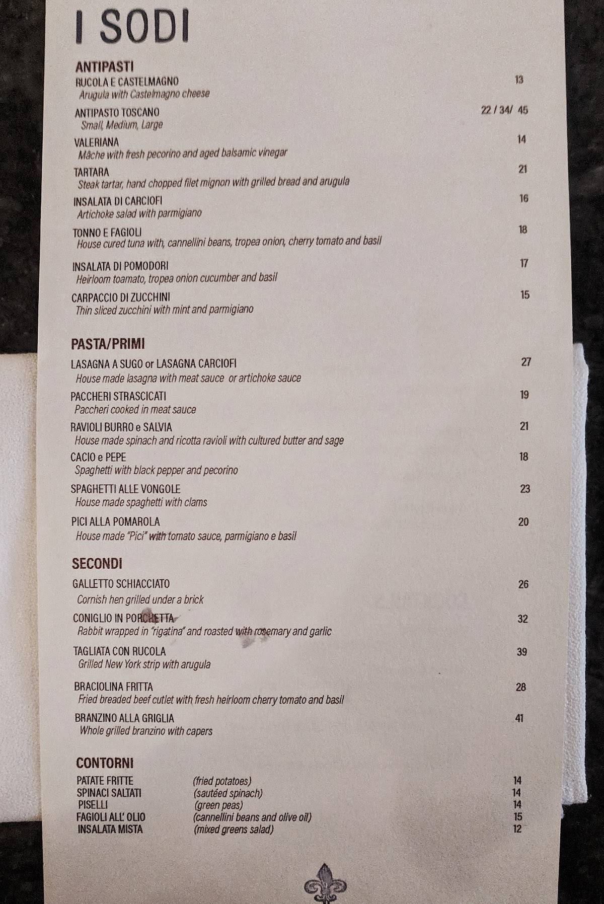 Menu at I Sodi restaurant, New York City, 314 Bleecker St