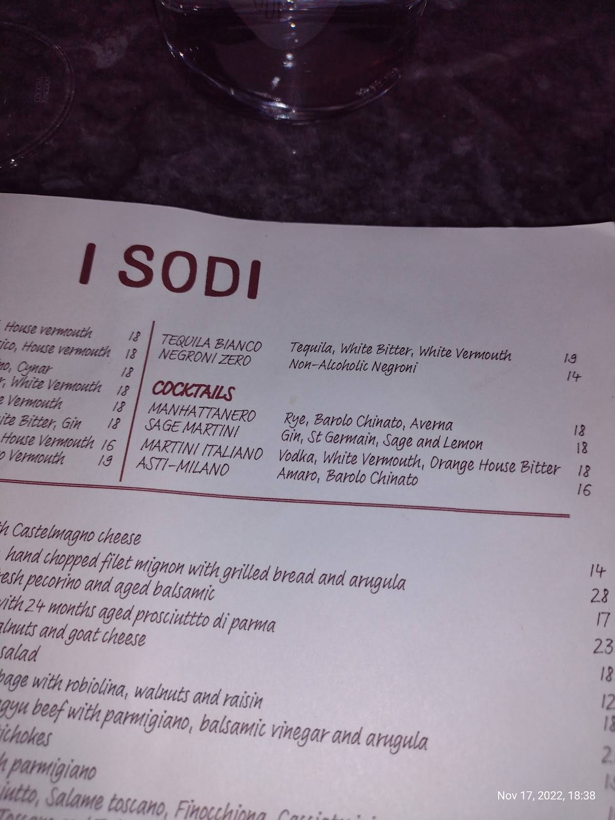 Menu at I Sodi restaurant, New York City, 314 Bleecker St