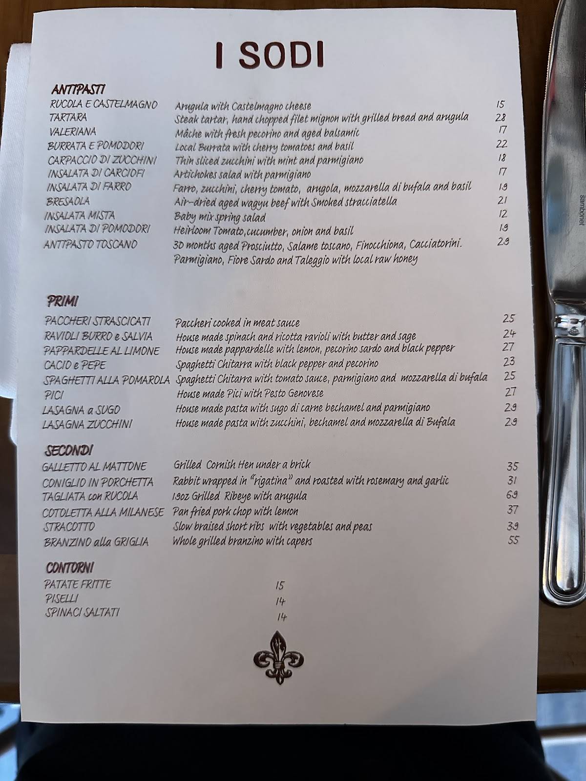 Menu at I Sodi restaurant, New York City, 314 Bleecker St