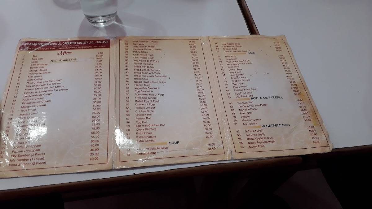 Menu at ICH, Indian Coffee House, Sidipur